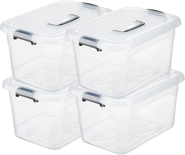 4 CLEAR PLASTIC Storage Latch Box Stackable Plastic Storage Bins w/Lids ...