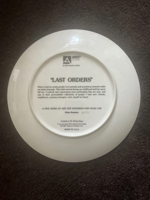 VTG 1987 LE Zoe Stokes/Pub Cats Plate, ‘Last Orders" Plate Number 3741 ...