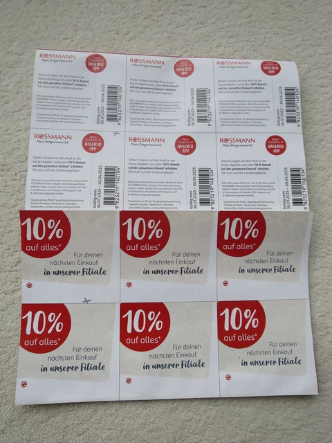 6 ROSSMANN COUPONS Gutscheine 10% auf alles! gültig bis 30.04.2025 EUR ...