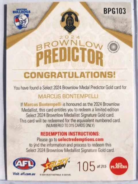SELECT 2024 MARCUS Bontempelli Brownlow Medal Predictor Gold Card 105/ ...
