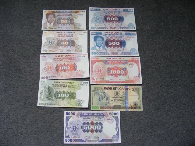 B619 UGANDA BANKNOTES Lot of 9 different 50 - 5000 Shillings unc as ...