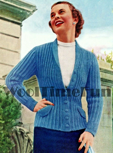 KNITTING PATTERN VINTAGE Womens 1940s - 50s Ribbed Cardigan Jacket. DK ...