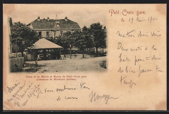 CPA PETIT-CROIX GARE, Place de la Mairie et Mairie de Petit-Croix gare ...