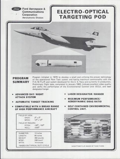 FORD AEROSPACE ELECTRO-OPTICAL Targeting Pod information sheet 1983 F/A ...