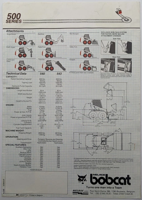ORIGINAL BOBCAT 500 Series Skid Steer Loader Brochure, c 1980's, 540 ...