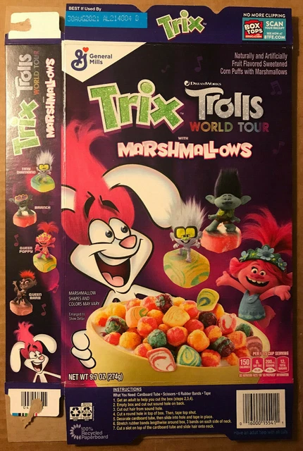 TRIX WITH MARSHMALLOWS Trolls World Tour Cereal Box Poppy GM FLAT EMPTY ...