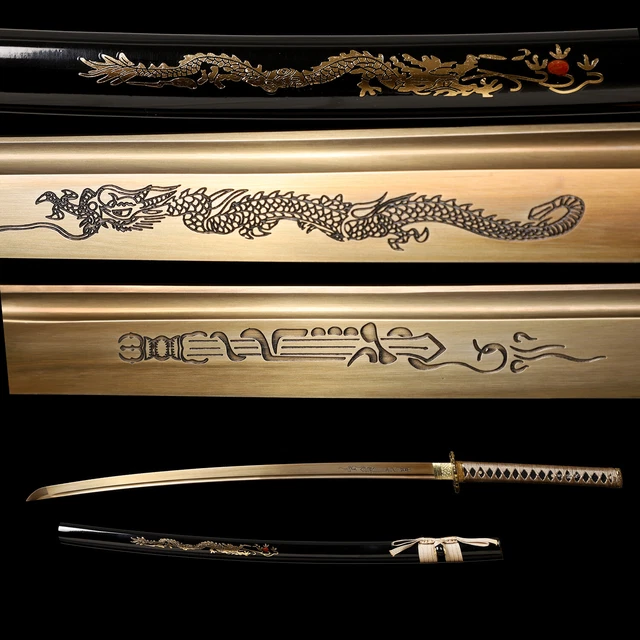 HANDMADE GOLD BLADE Japanese Samurai Sword Dragon Katana Full Tang ...
