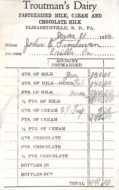 1940S TROUTMAN’S DAIRY Milk Invoice Pennsylvania Farm Ephemera Vintage ...