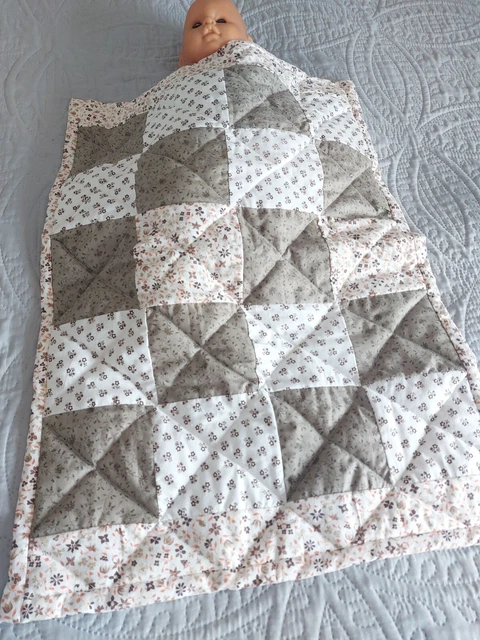 NEW BABY PRAM quilt unisex patchwork on one side white with flower on ...