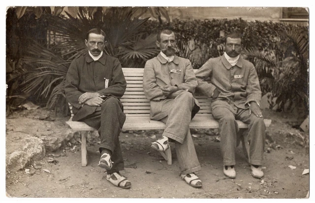 OLD PHOTO CARD Three Men circa 1915 Uniform Bench Mustache Costume £12. ...