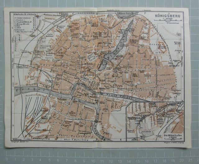 1925 GERMAN MAP ~ Konigsberg City Plan Railway Stations Mittelhufen EUR ...