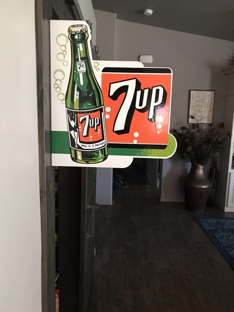 VINTAGE STYLE 7UP Flange 2 Sided Heavy Baked Porcelain Sign 18 X 16.5 ...
