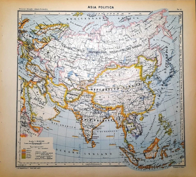 CARTA GEOGRAFICA ANTICA ASIA COLONIALE ante 2 guerra mondiale 1937 ...