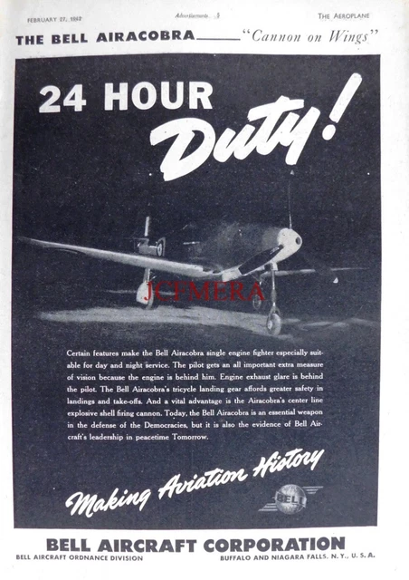 WW2 BELL P-39 Airacobra Fighter Aircraft WW2 ADVERT 1942 Vintage Print ...