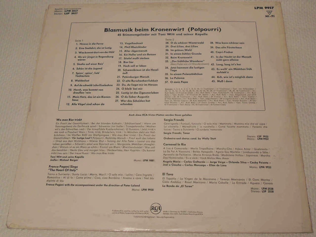 BLASMUSIK BEIM KRONENWIRT Toni Witt und seine Kapelle LPM 9937 Vinyl LP ...