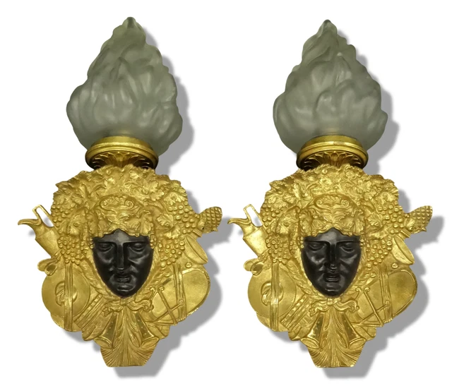 RARE GRANDE PAIRE APPLIQUES, MASCARON BACCHUS, STYLE LOUIS XVI DU XIXe ...