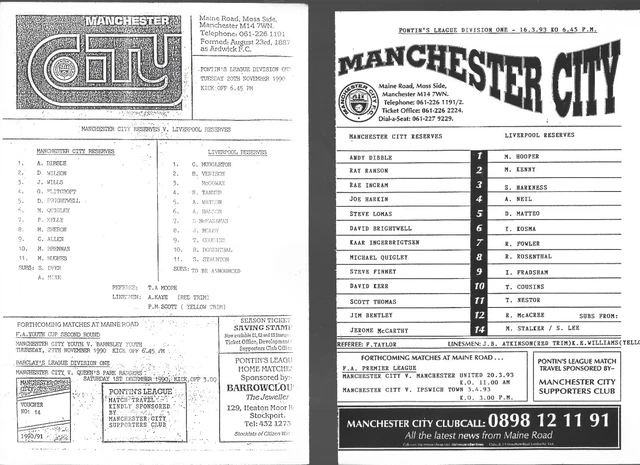 6 X MANCHESTER City v Liverpool Reserve 84-85 to 92-93 team sheets £6. ...