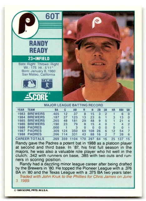 1989 SCORE ROOKIE & Traded Randy Ready Phillies Phillies #60T EUR 3,35 ...