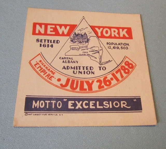 VINTAGE 1930'S NEW York State Motto and Nickname Card Excelsior Empire ...