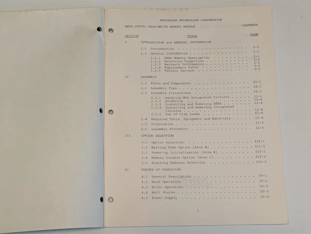 PROCESSOR TECHNOLOGY 8KRA 8K Static RAM S-100 Board Assembly Users ...