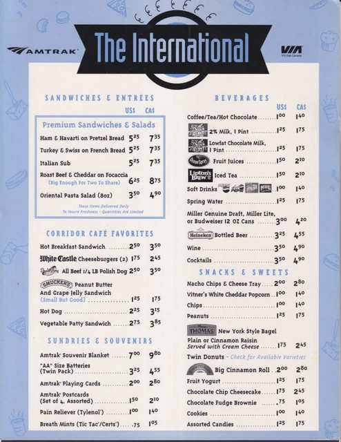 AMTRAK RAILROAD VIA Rail Canada The International Sandwich mauve menu ...