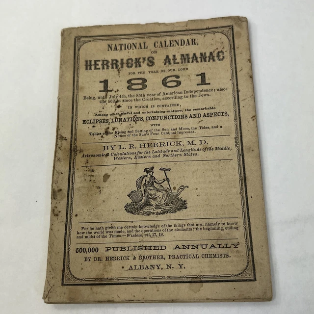 THE HERRICK'S ALMANAC 1861 National Calendar Eclipses, Lunations ...
