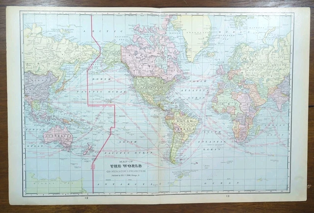VINTAGE 1901 WORLD Map 22"x14" Old Antique Original NORTH AMERICA ...