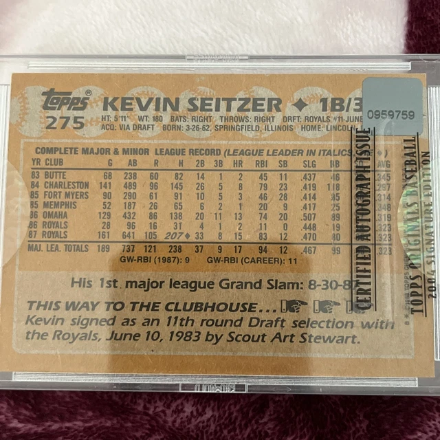 KEVIN SEITZER 1988 Topps numéro d'autographe certifié #275 KANSAS CITY ...