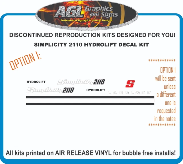 SIMPLICITY 2110 HYDROLIFT Lawn Tractor Reproduction DecaL Kit Landlord ...