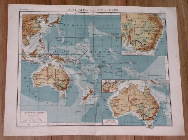 1901 ANTIQUE PHYSICAL Map / Australia Oceania Pacific German Colonies ...