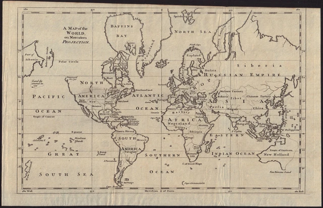 A MAP OF the world on Mercators Projection. Davis Land. GENTS MAG 1755 ...