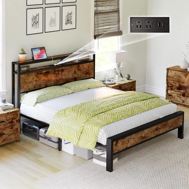 DOUBLE BED FRAME Industrial Metal Platform Bed with Headboard and ...