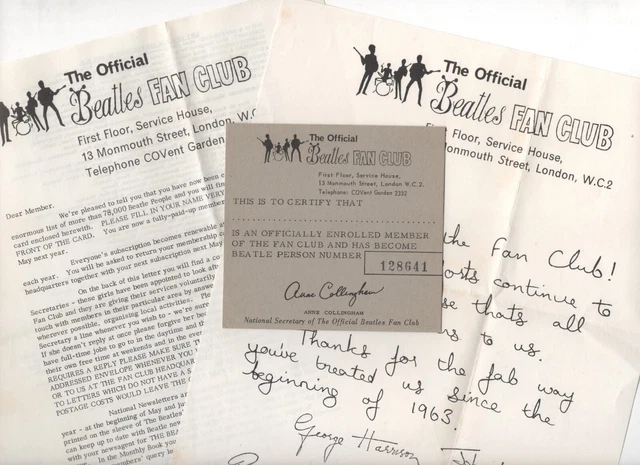 OFFICIAL BEATLES FAN Club Membership Card & Enrolment & Welcome Letters ...