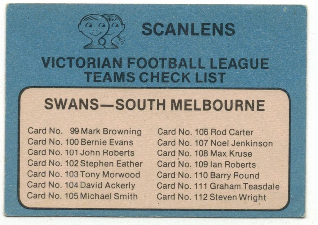 SCANLENS VFL AFL 1981 Footy Card South Melbourne Checklist Unmarked ...