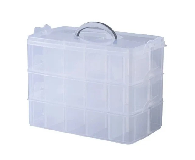 ADJUSTABLE 3-TIER STORAGE Box Stackable Multi Slot Clear Plastic Craft ...