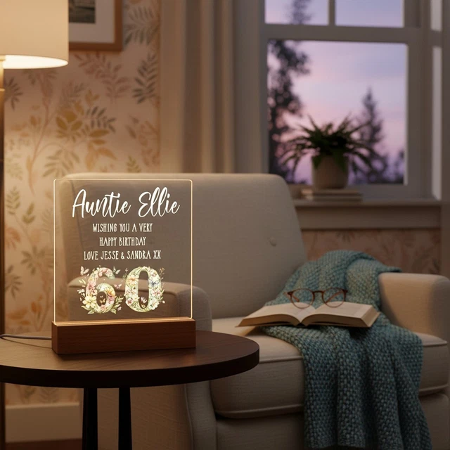 PERSONALISED 60TH BIRTHDAY Gift For Her LED Light With Flowers and ...