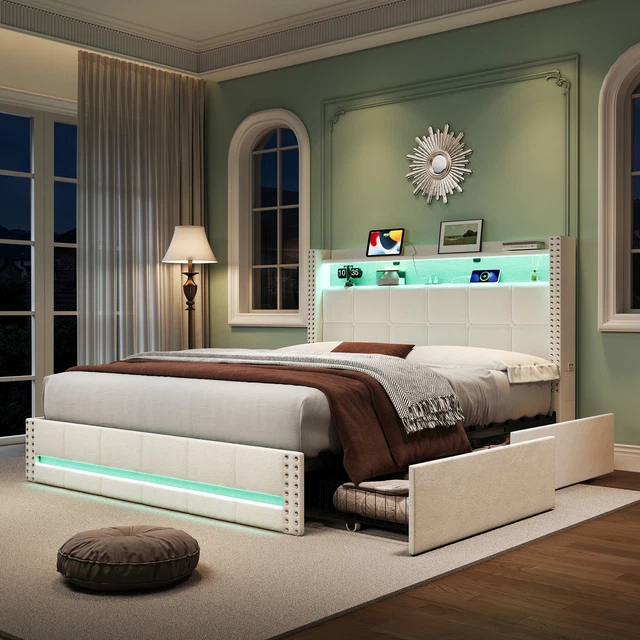 4FT6 DOUBLE BED with 4 Storage Drawers, LED Rivet Storage Bed £229.99 ...