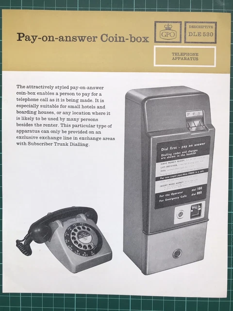 VINTAGE GPO/POST OFFICE Pay-on-answer Coin-box Descriptive Leaflet, DLE ...