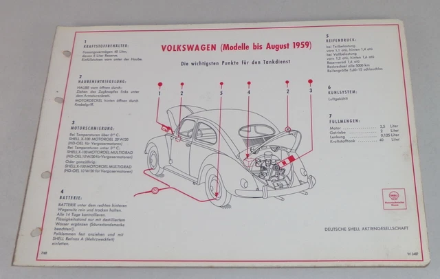 SHELL LUBRICATION CHART for VW Beetle 1200 Stand 07/1960 £15.66 ...
