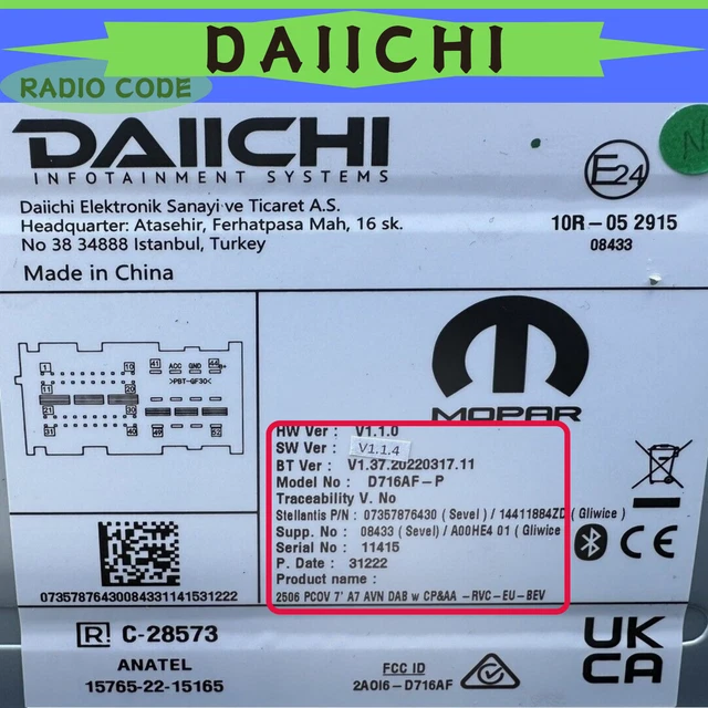 CÓDIGO DE RADIO DAIICHI para PEUGEOT BOXER LANZA YPSILON FIAT FIORINO ...