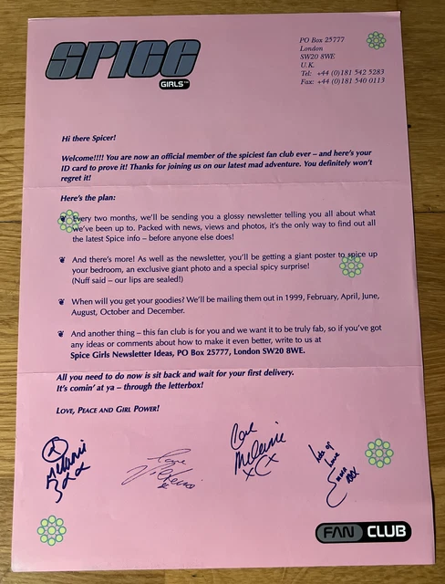 RARE! SPICE GIRLS 1999 Uk Fan Welcome Letter To Join The Fan Club £21. ...