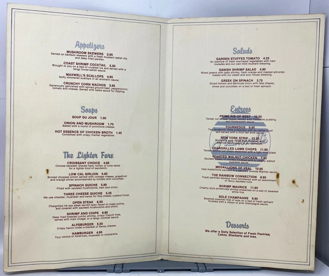 1980S MAXWELL'S RESTAURANT Menu Holidome Fun Center Farmington Hills ...
