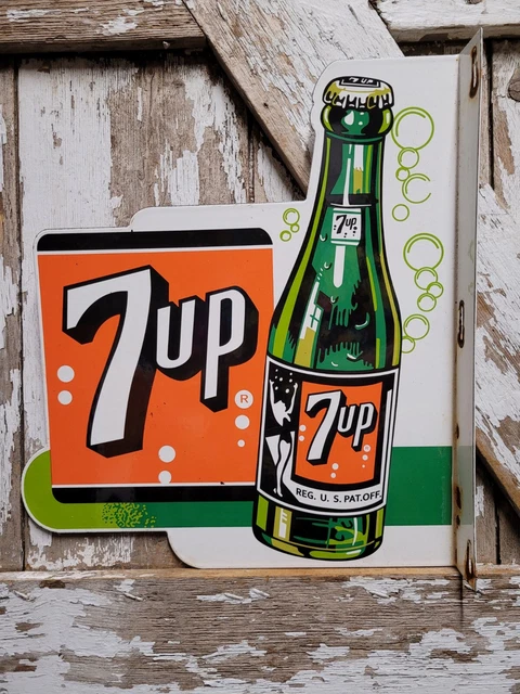 VINTAGE 7UP SODA Porcelain Sign Old Flange Beverage Advertising Food ...