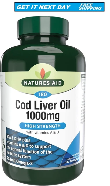 NATURES AID COD Liver Oil, 1000 mg, 180 Softgel Capsules High Strength ...