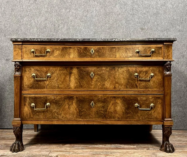 EXCEPTIONNELLE COMMODE ÉPOQUE Empire retour d’Égypte en noyer et ronce ...