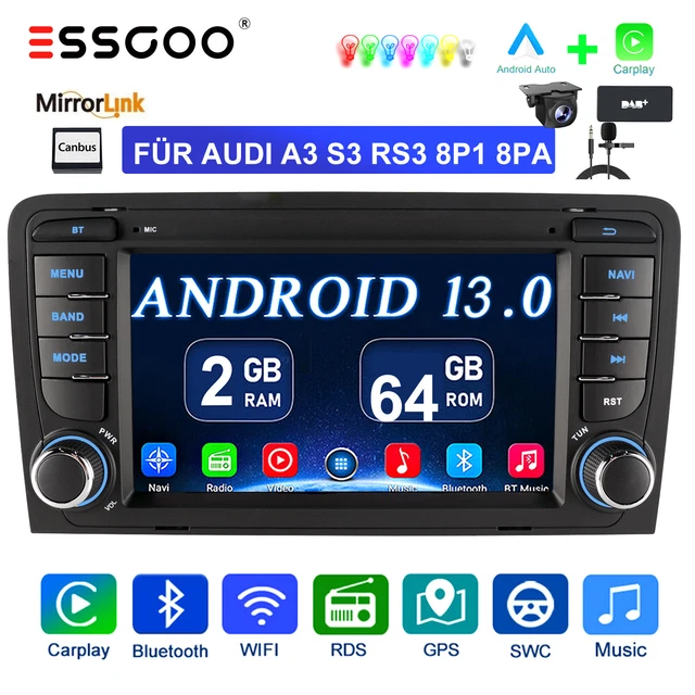 AUTORADIO CARPLAY 32G DAB+ BT Android 13 RDS Navi per Audi A3 S3 RS3 8P1 8PA KAM EUR 205,03 ...