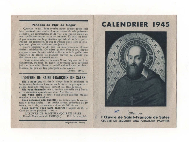 CALENDRIER DE POCHE 1945 OEUVRE DE SAINT fRANÇOIS DE SALES EUR 1,50 ...