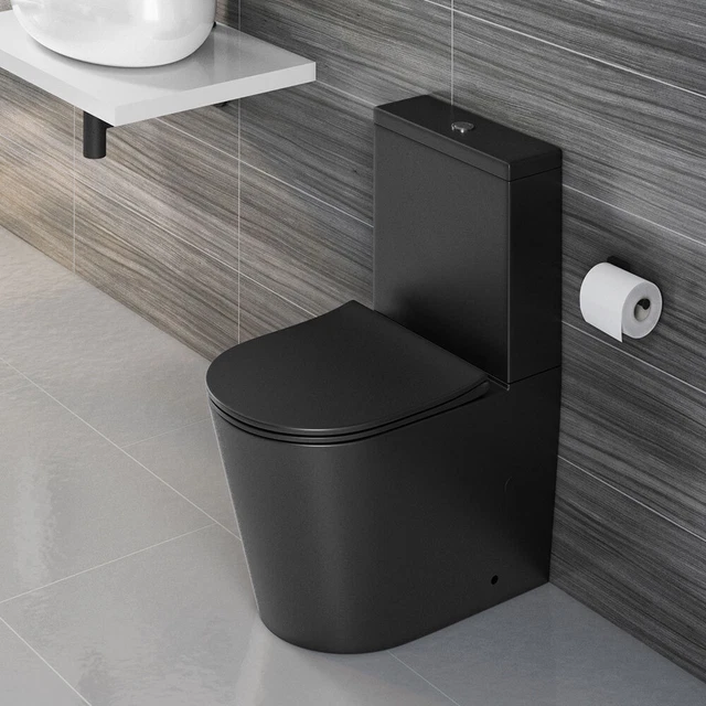 BLACK CLOSE COUPLED Rimless Toilet Pan, Cistern & Slimline SC Seat £223 ...