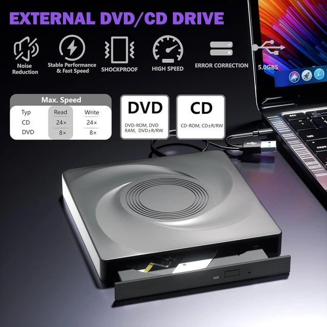 EXTERNAL CD/DVD DRIVE Burner, CD ROM DVD Player Portable CD Reader ...