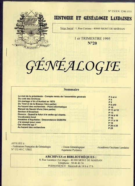 HISTOIRE ET GÉNÉALOGIE landaise N°20 mariage Vic d'Auribat famille Dubern LANDES EUR 6,90 ...